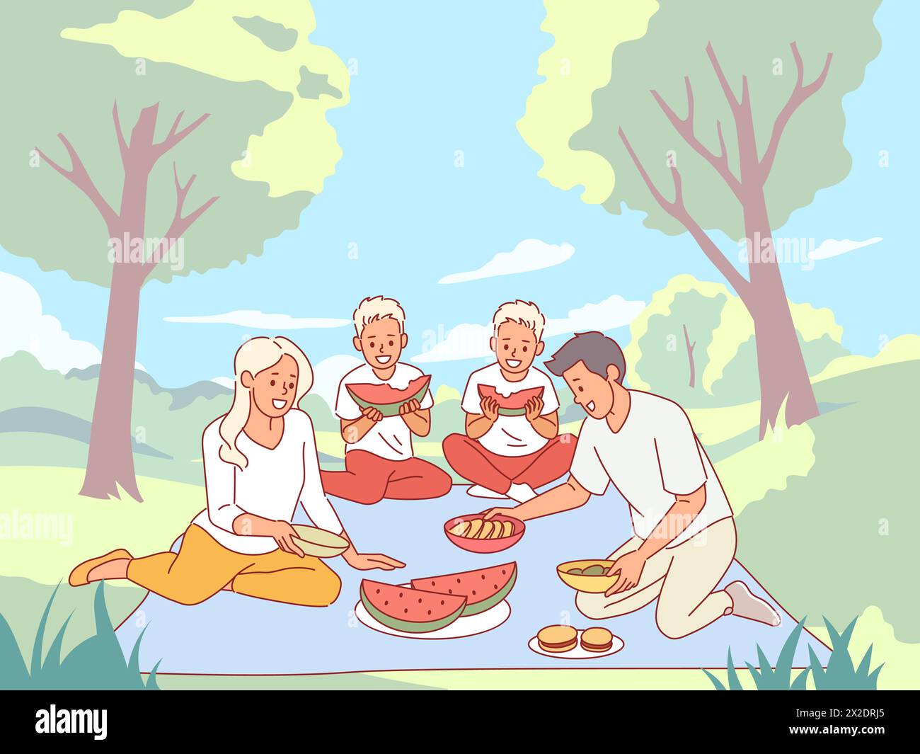 Family eating picnic in forest Stock Vector Images - Alamy