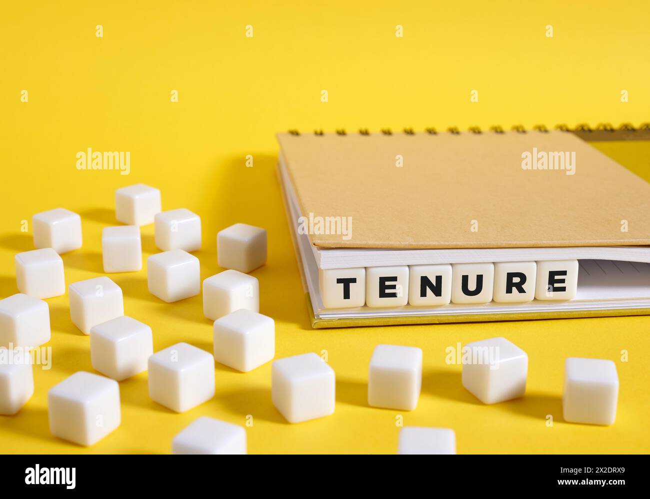 The word tenure written on cubes in a notebook on yellow background ...