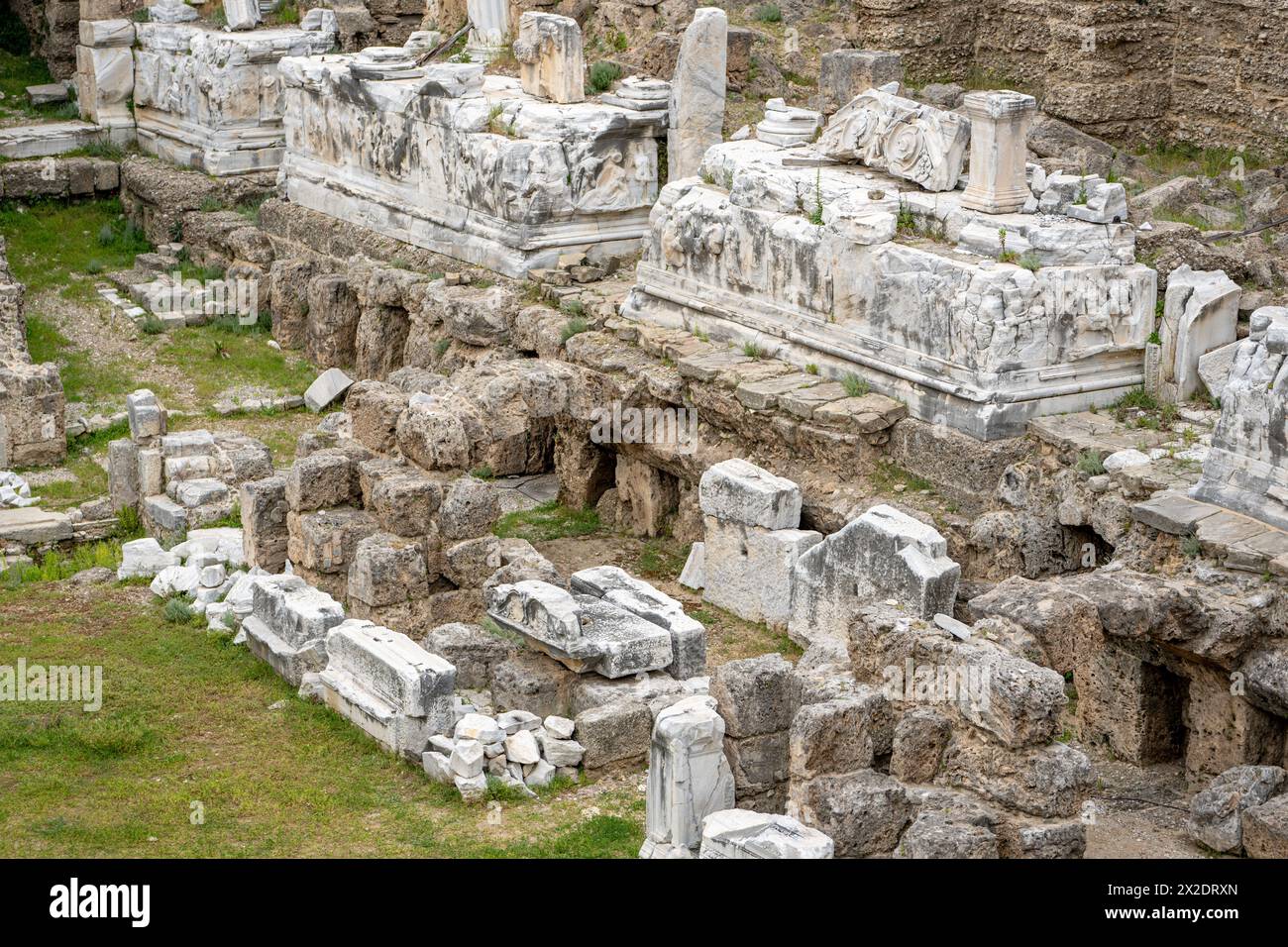Amphitheatre and ornate marble ruins in the ancient city of Side ...