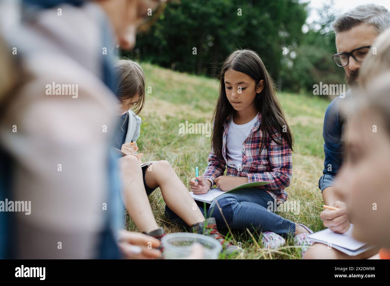 Young students learning about nature, forest ecosystem during biology ...