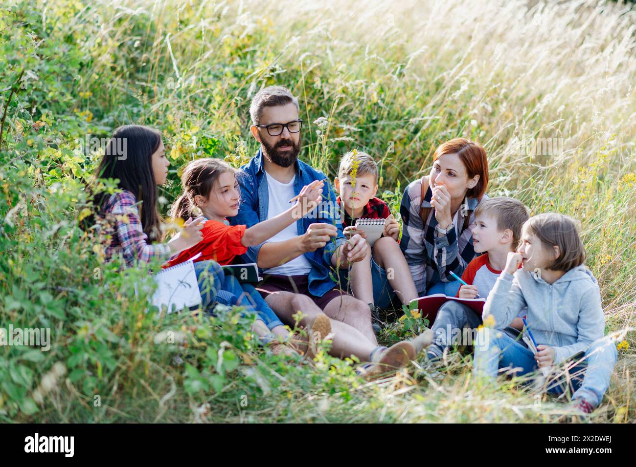 Young students learning about nature, forest ecosystem during biology ...