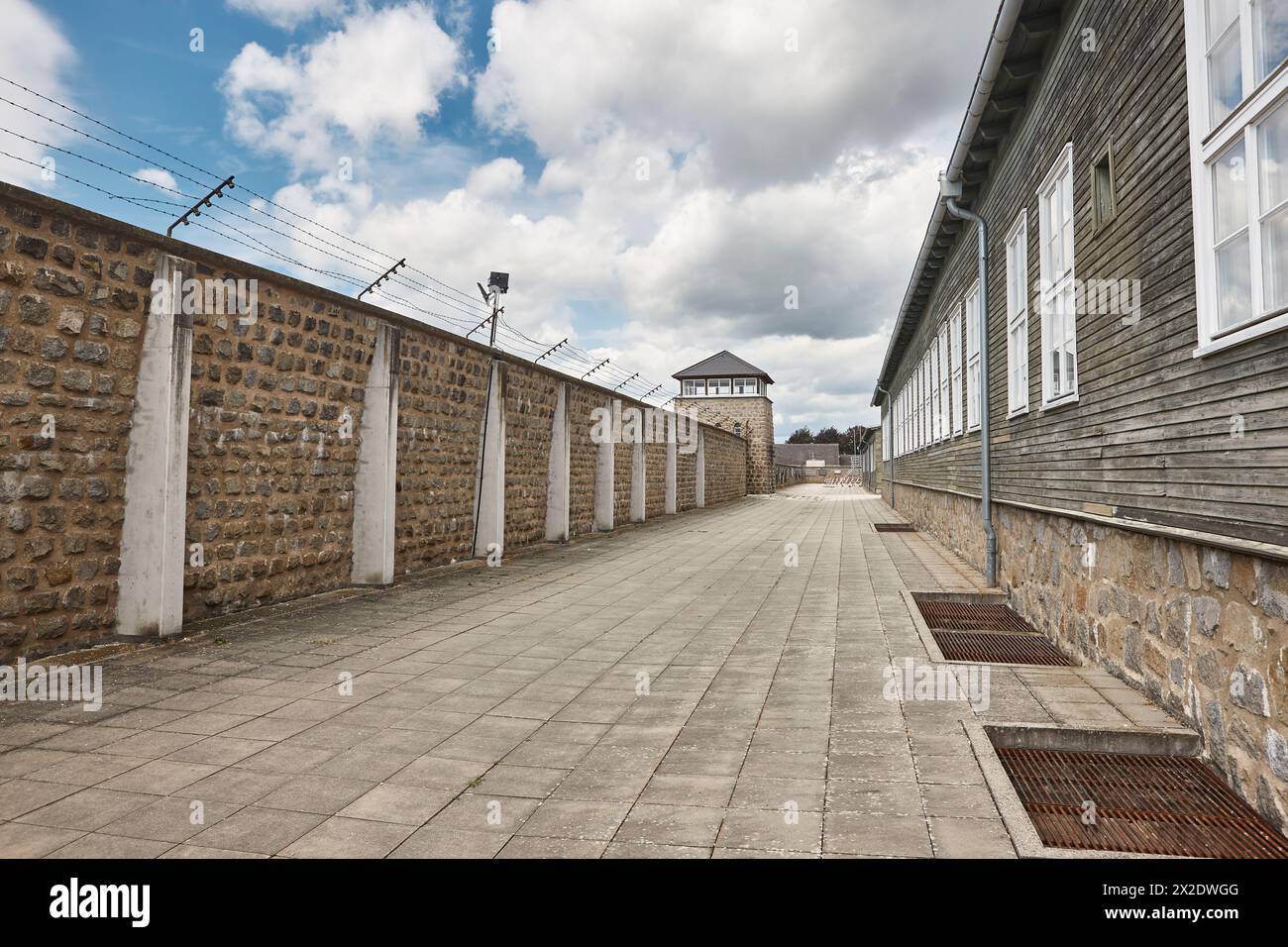 Mauthausen memorial concentration camp. Barracks and watchtower ...