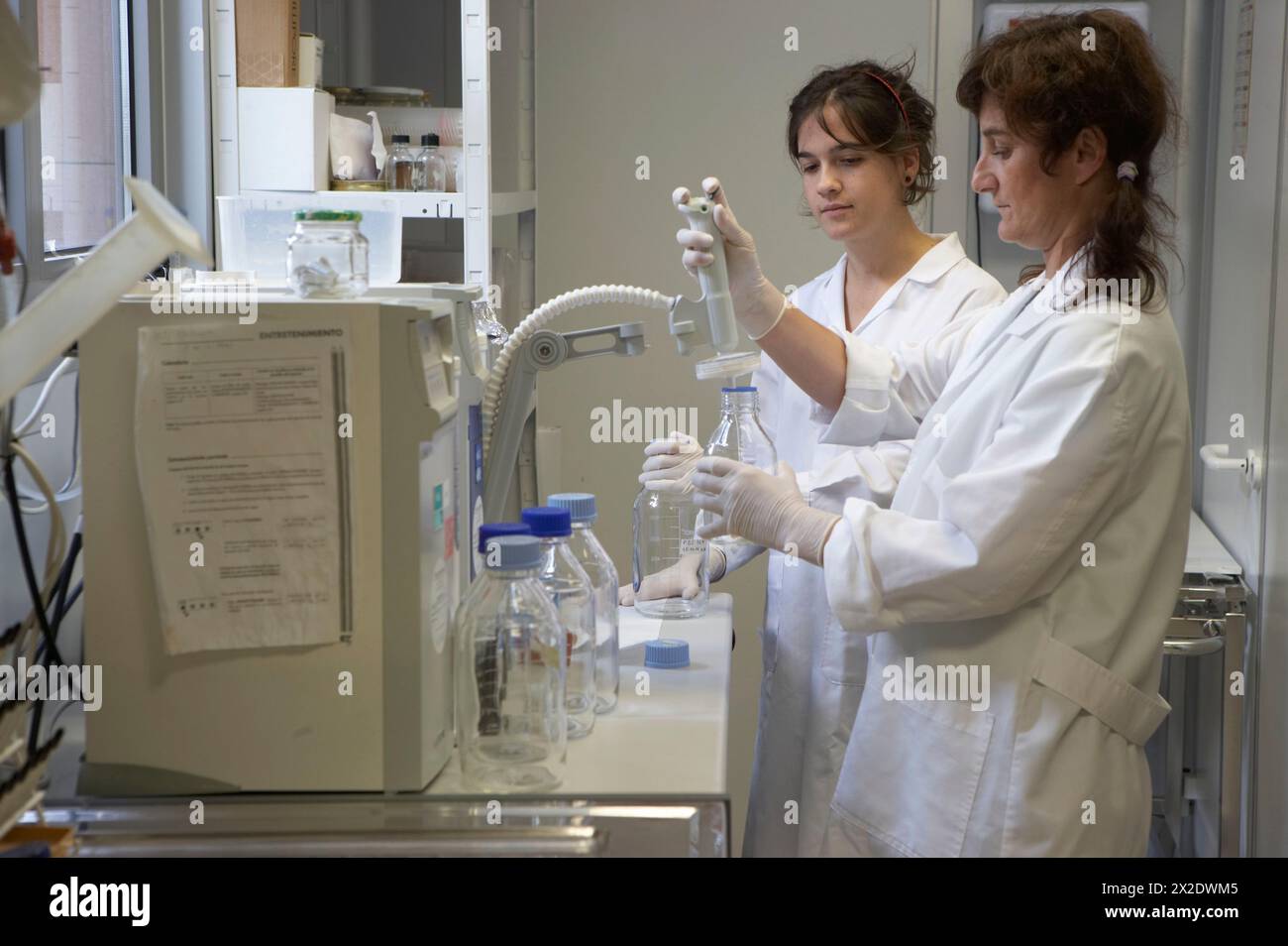Technical staff working with the water purification equipment ...
