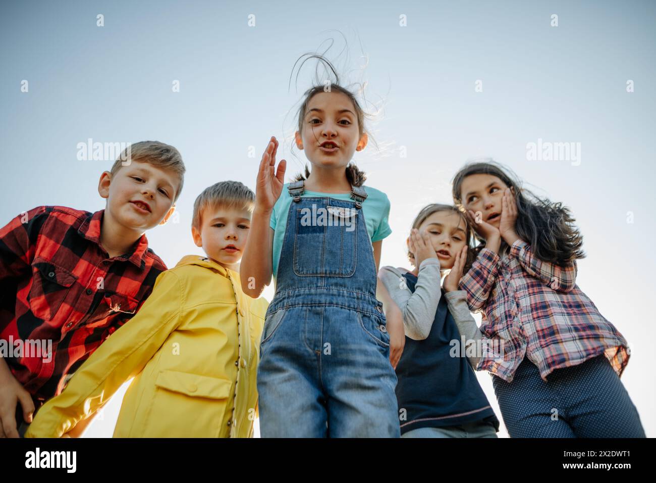 Portrait of young classmates, students during biology field teaching ...