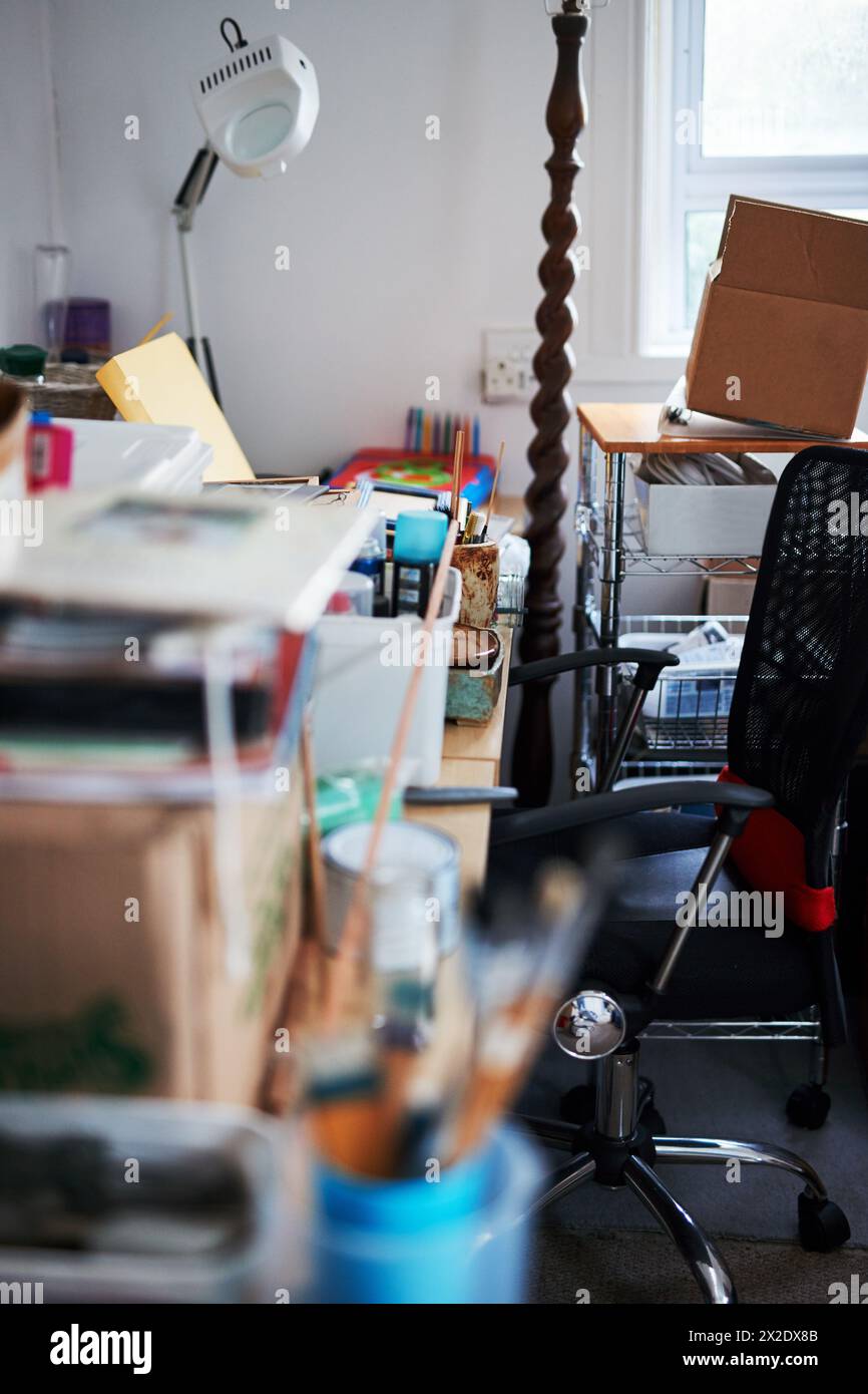 Hoarding, chaos and messy room in home with mental health, garbage and ...