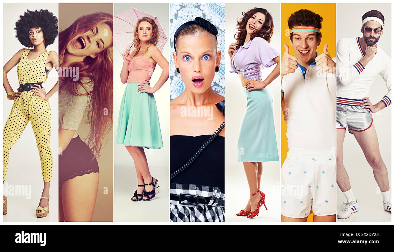 Collage of stylish and diverse people with trendy, cool and vintage ...