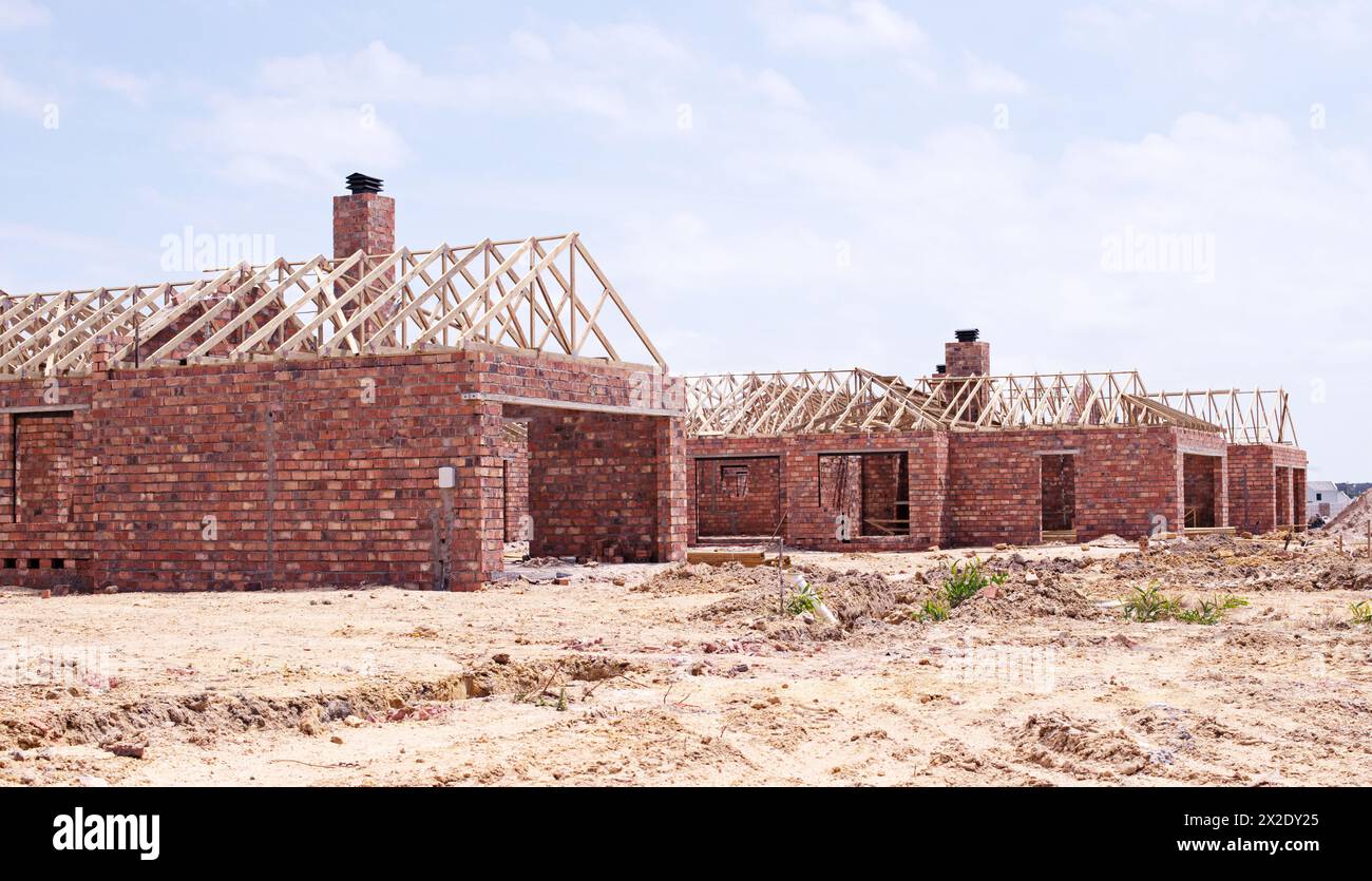 House, brick wall and real estate project for construction, development ...