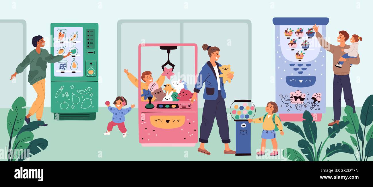 People buying at vending machine. Customers use electronic devices with ...