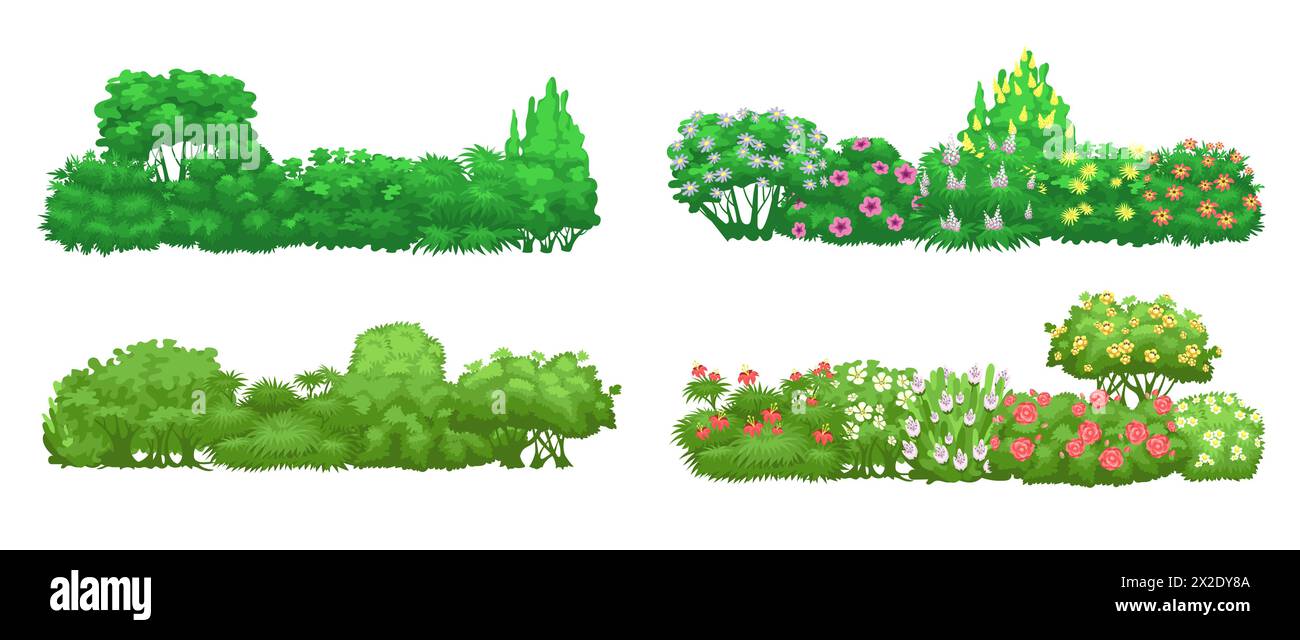 Green garden hedge. Cartoon bush borders. Blooming plant composition ...