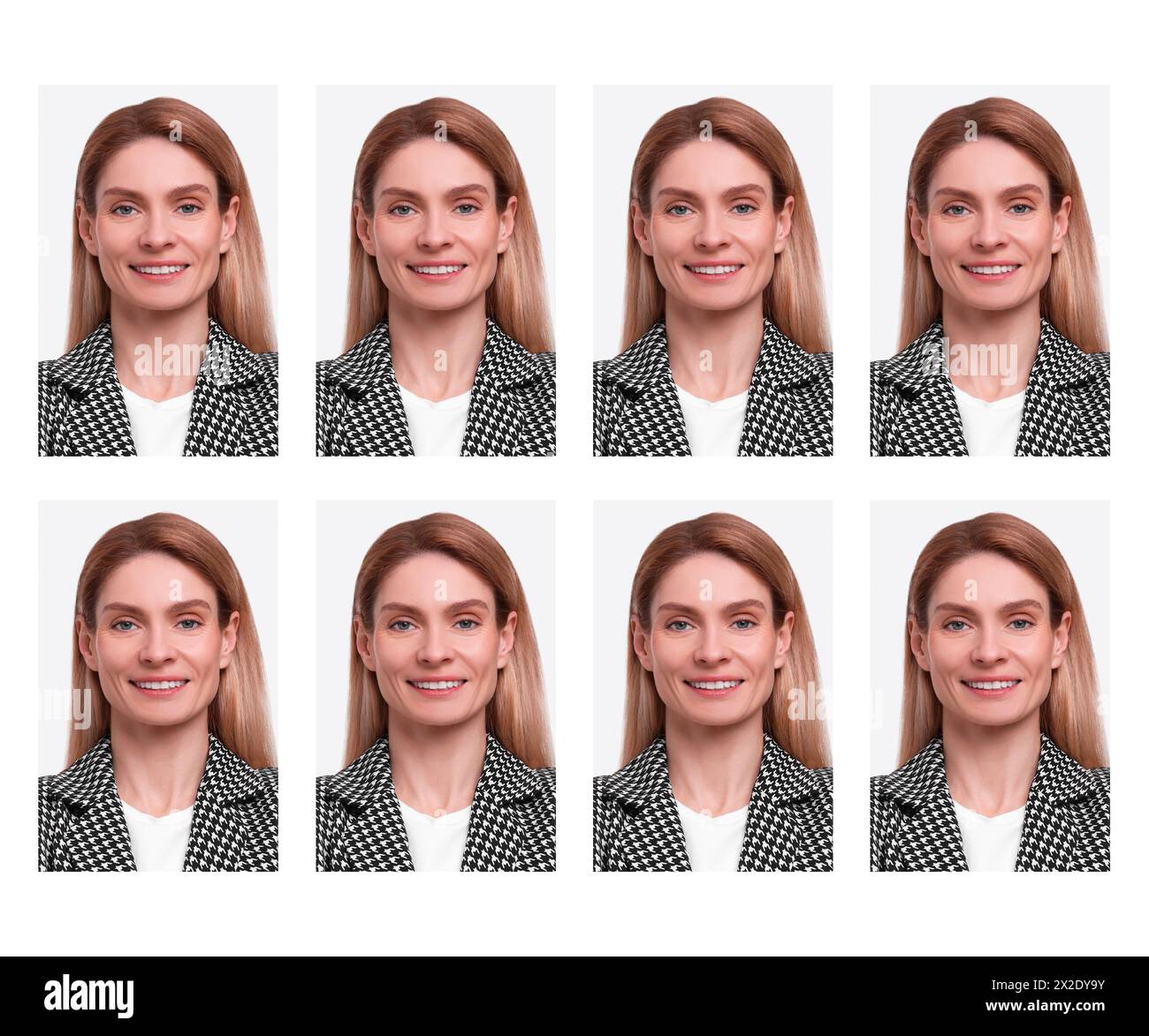 Passport photo, collage. Woman on white background, set of photos Stock ...