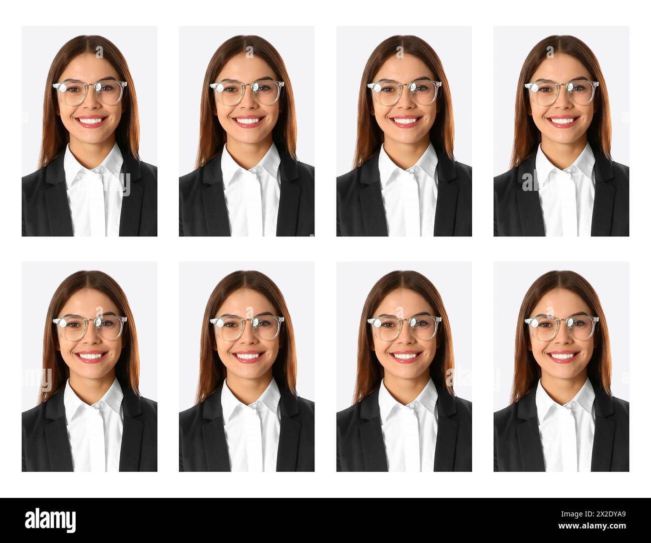 Passport photo, collage. Woman on white background, set of photos Stock ...