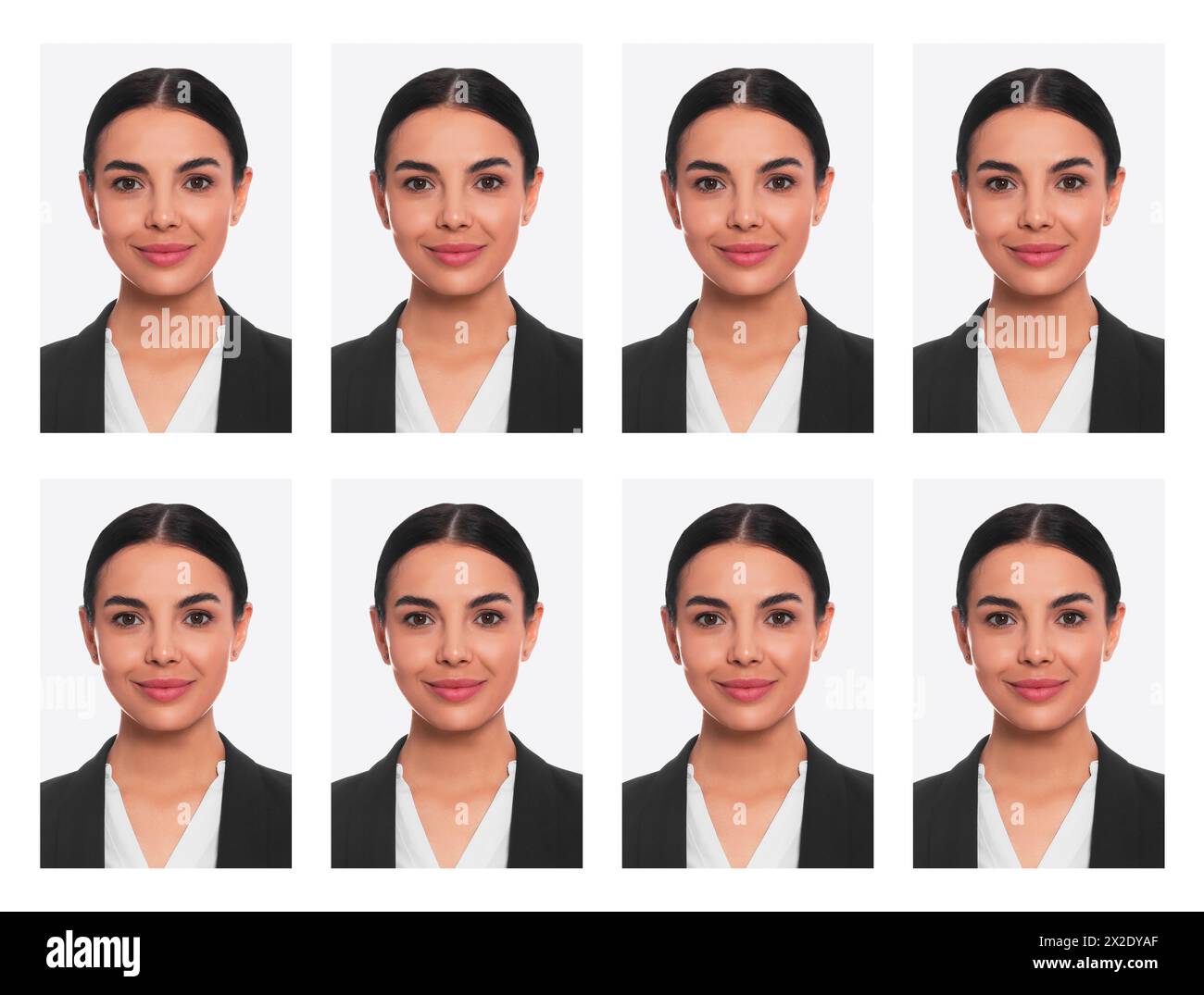 Passport photo, collage. Woman on white background, set of photos Stock ...