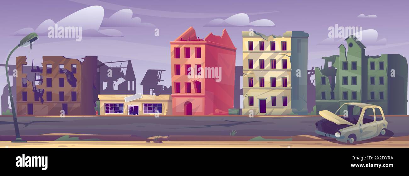 Damaged city landscape. Panorama of town ruin. Abandoned buildings with fissures. Post ...