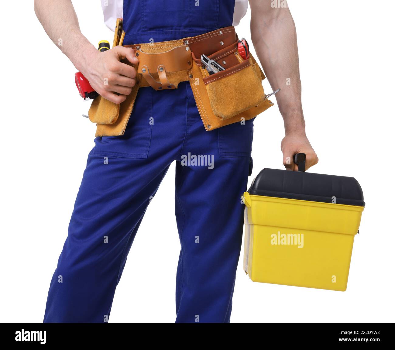 Professional repairman with tool box on white background Stock Photo ...