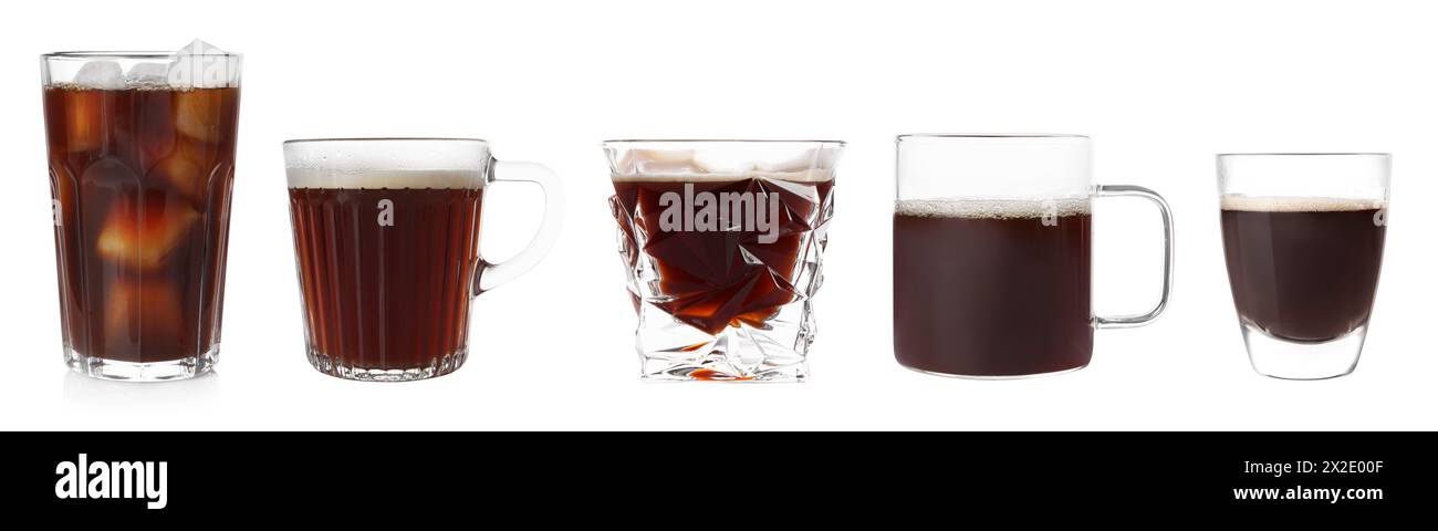 Set of different coffee drinks drinks in cups and glasses on white ...