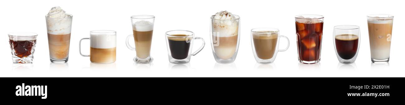 Set of different coffee drinks drinks in cups and glasses on white ...