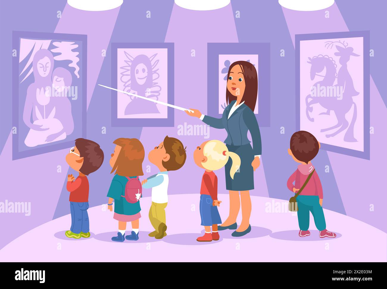 Children at exhibition. Guide telling art history to curious kids in ...