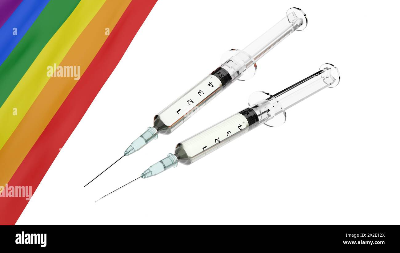 3d rendering of syringe laying on a rainbow flag. The syringes are ...