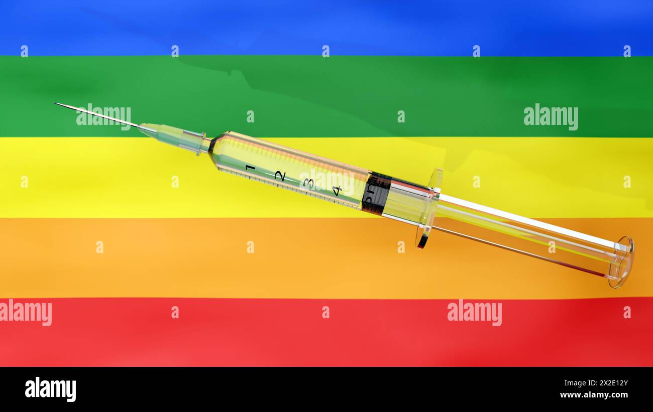 3d rendering of syringe laying on a rainbow flag. The syringes are ...