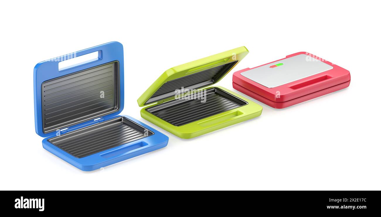 Blue, green and red electric sandwich makers on white background Stock ...