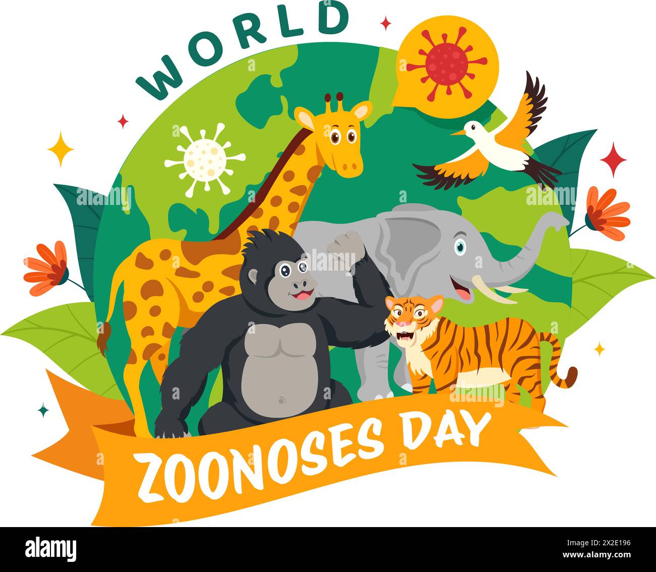 World Zoonoses Day Vector Illustration on 6 July with Various Animals and Plant which is in the ...