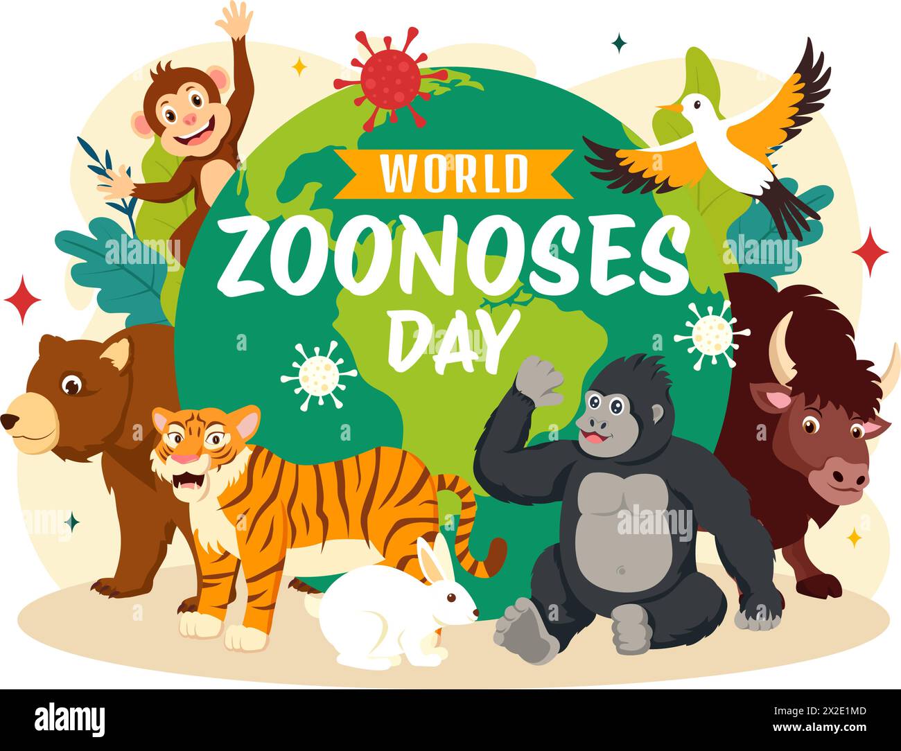 World Zoonoses Day Vector Illustration on 6 July with Various Animals and Plant which is in the ...