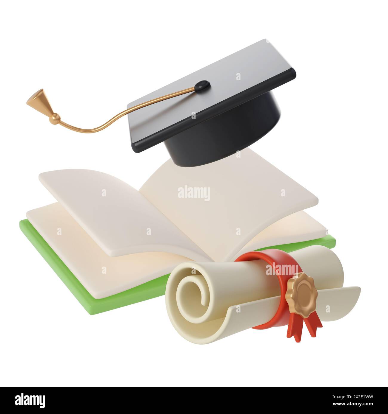 3D flying open Book, Diploma scroll and university or college black cap ...