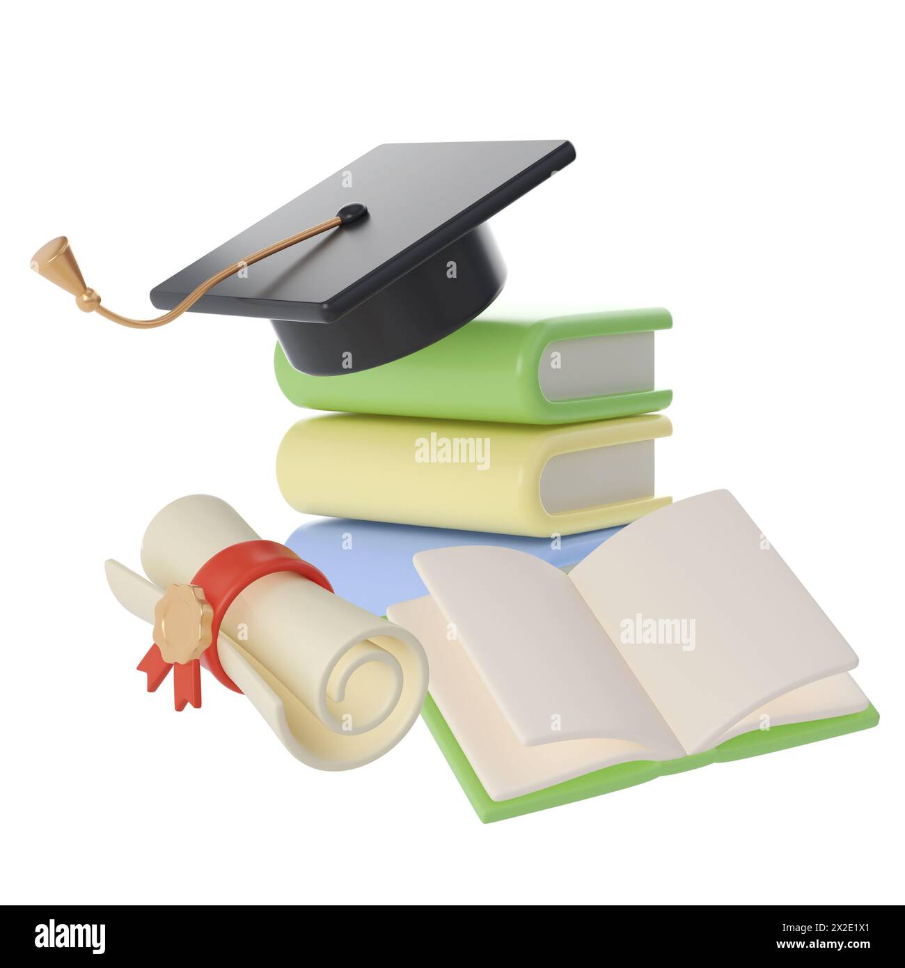 3D Stack of Books, Diploma scroll and university or college black cap ...