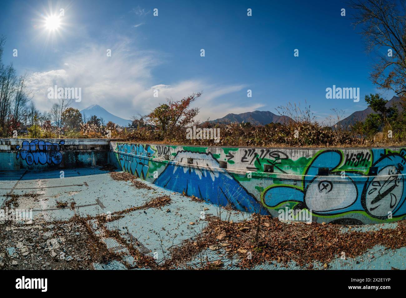 Mount Fuji and graffiti depicting it in a abandoned swimming pool at ...