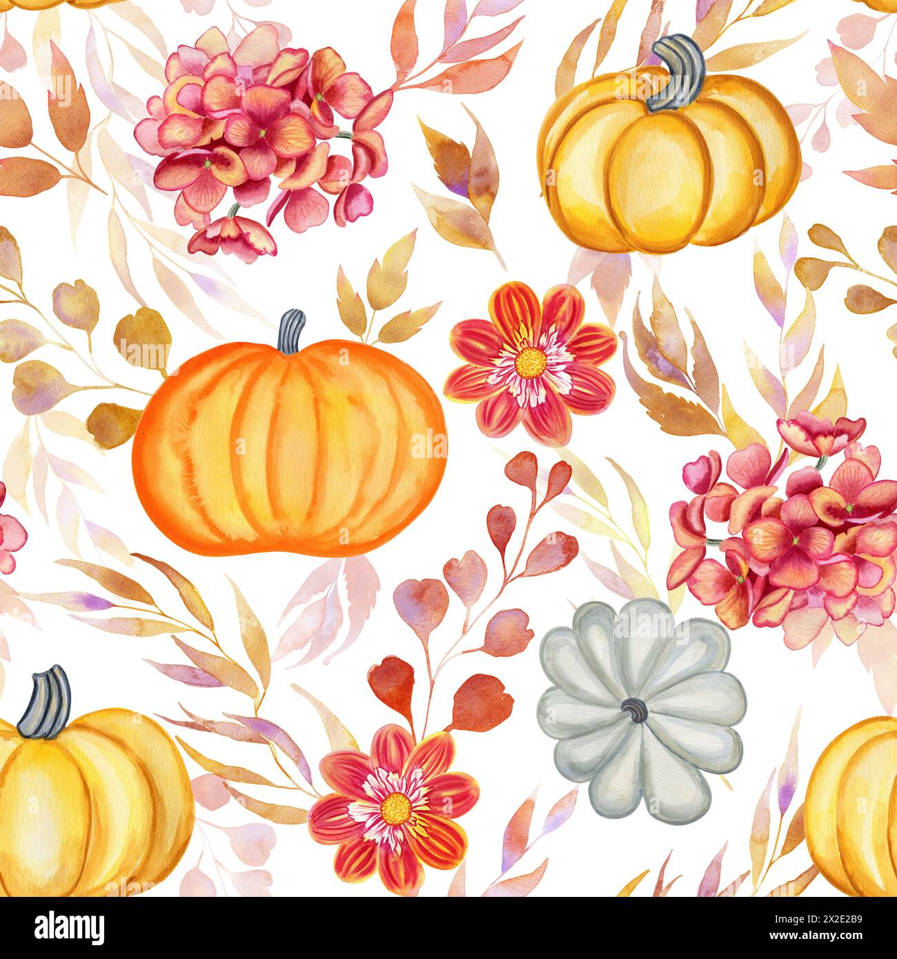 Autumn flowers and pumpkins watercolor seamless pattern. Hand drawn ...