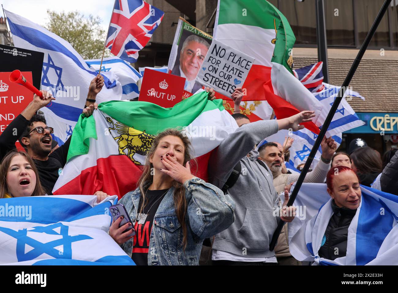 London, UK. 20th Apr, 2023. Pro-Israel supporters wave flags as they ...