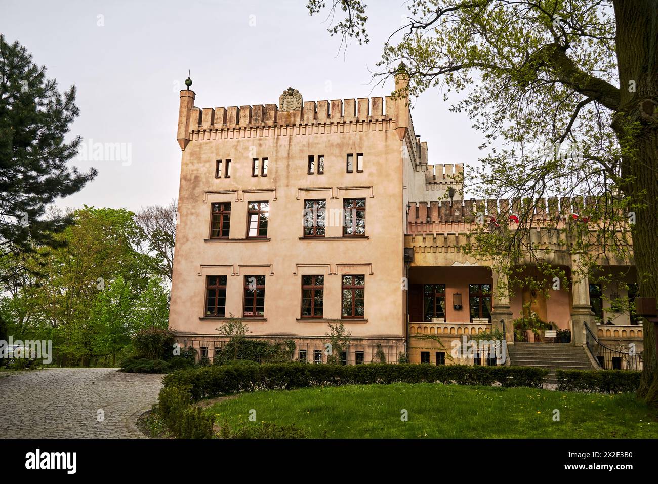 fragment of the facade of the Neo-Gothic, historic palace in Srodka ...