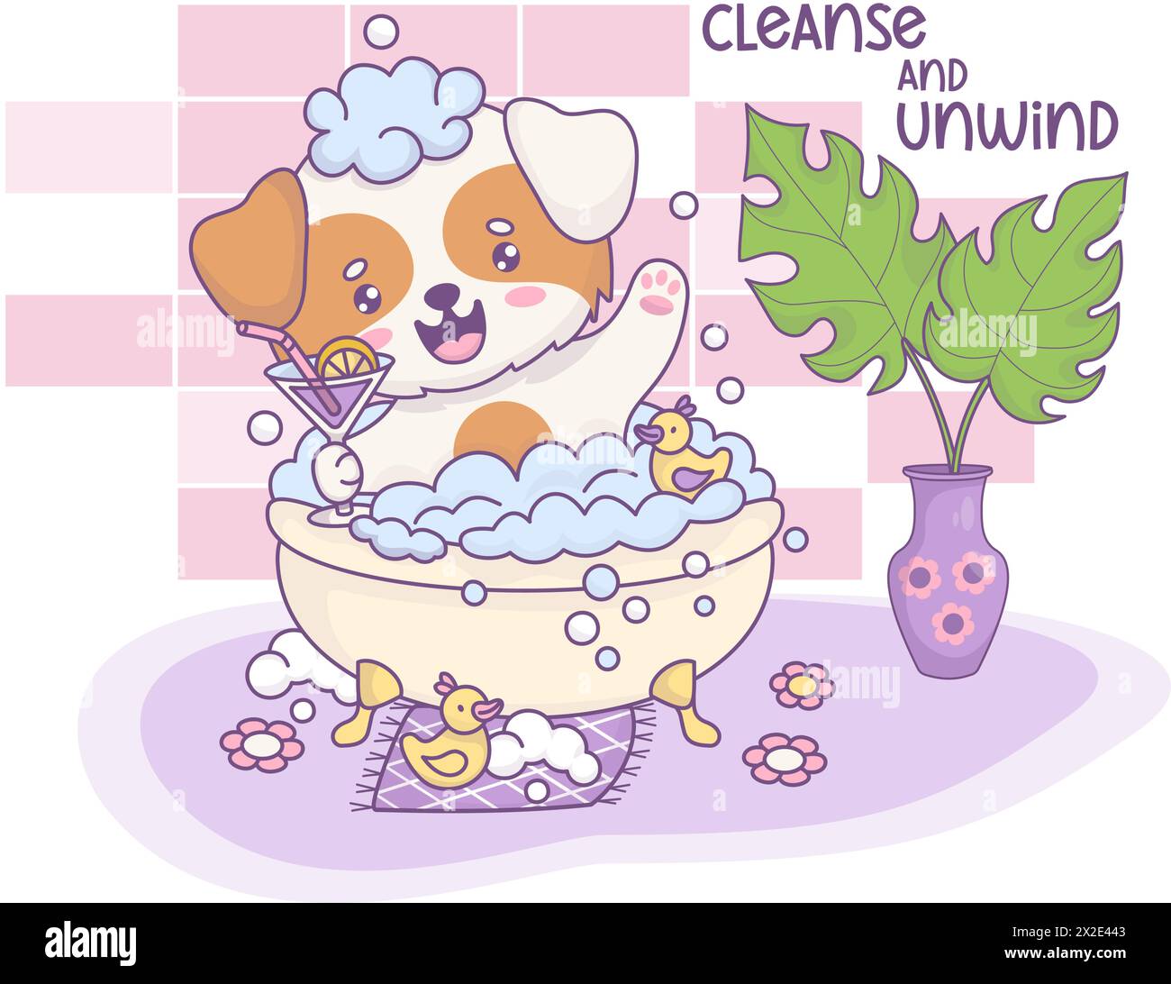 Cute smiling cartoon dog bathes in bath with foam and relaxing with ...