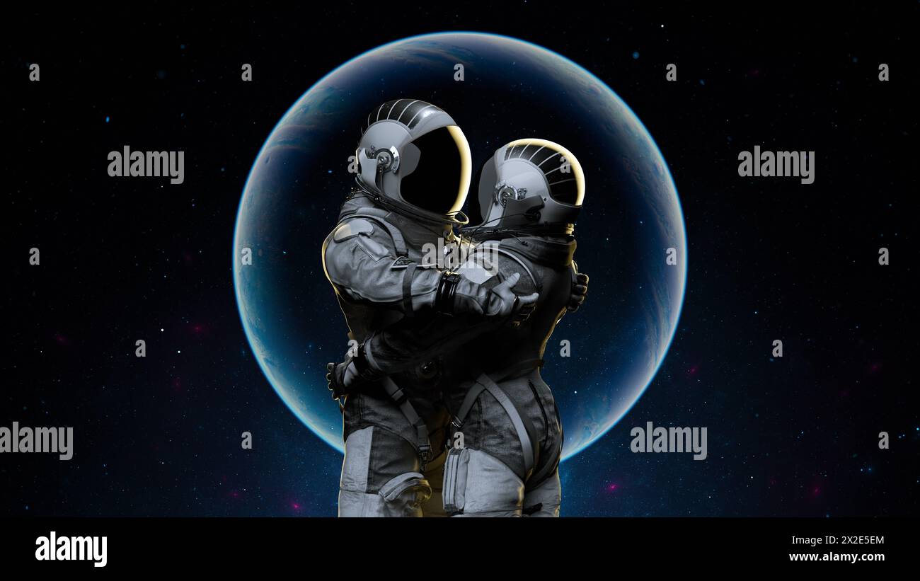 Two astronauts in a tender embrace against the backdrop of a luminous Earth, under a starlit sky ...