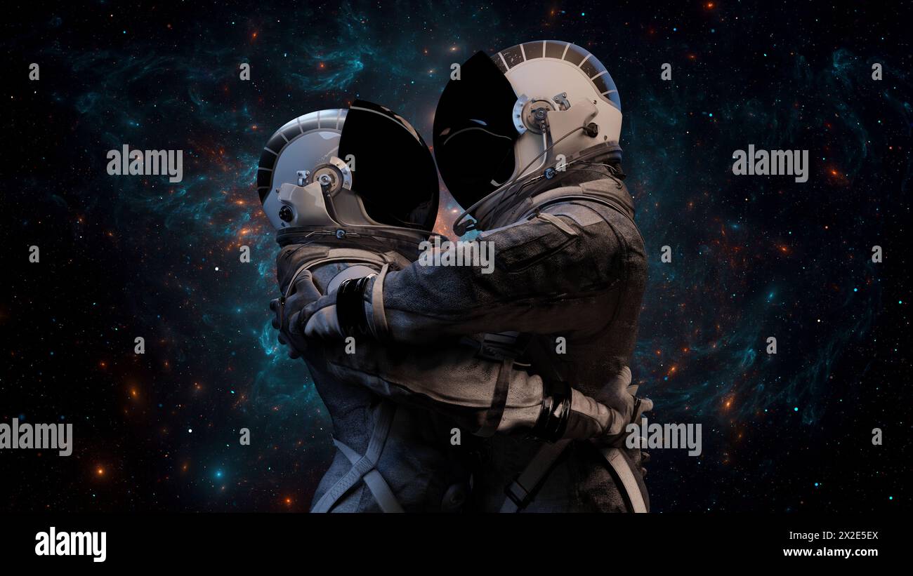 Two astronauts couple in space suits embracing against a backdrop of distant stars and the ...