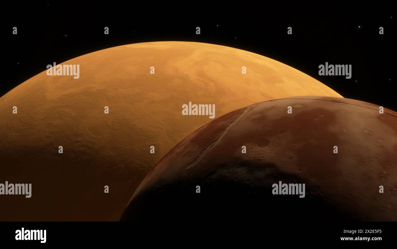 Space scene, large smooth orange planet looming over a cratered moon ...
