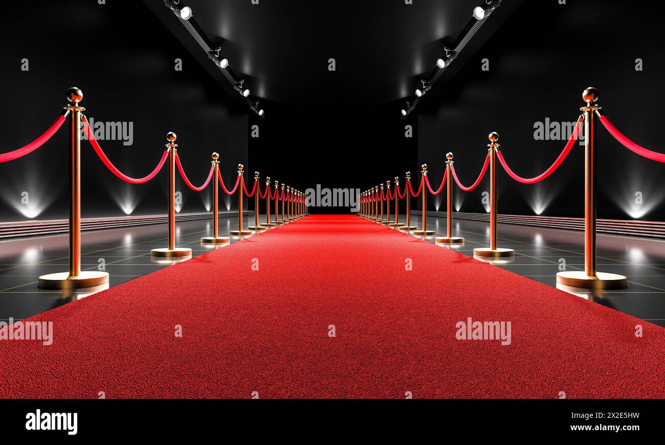 Luxurious red carpet lined with velvet ropes leading to an event with ...