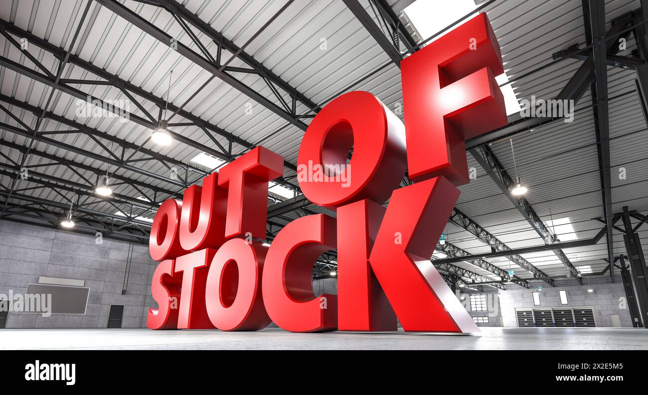 Large 3d out of stock sign inside an empty modern warehouse ...