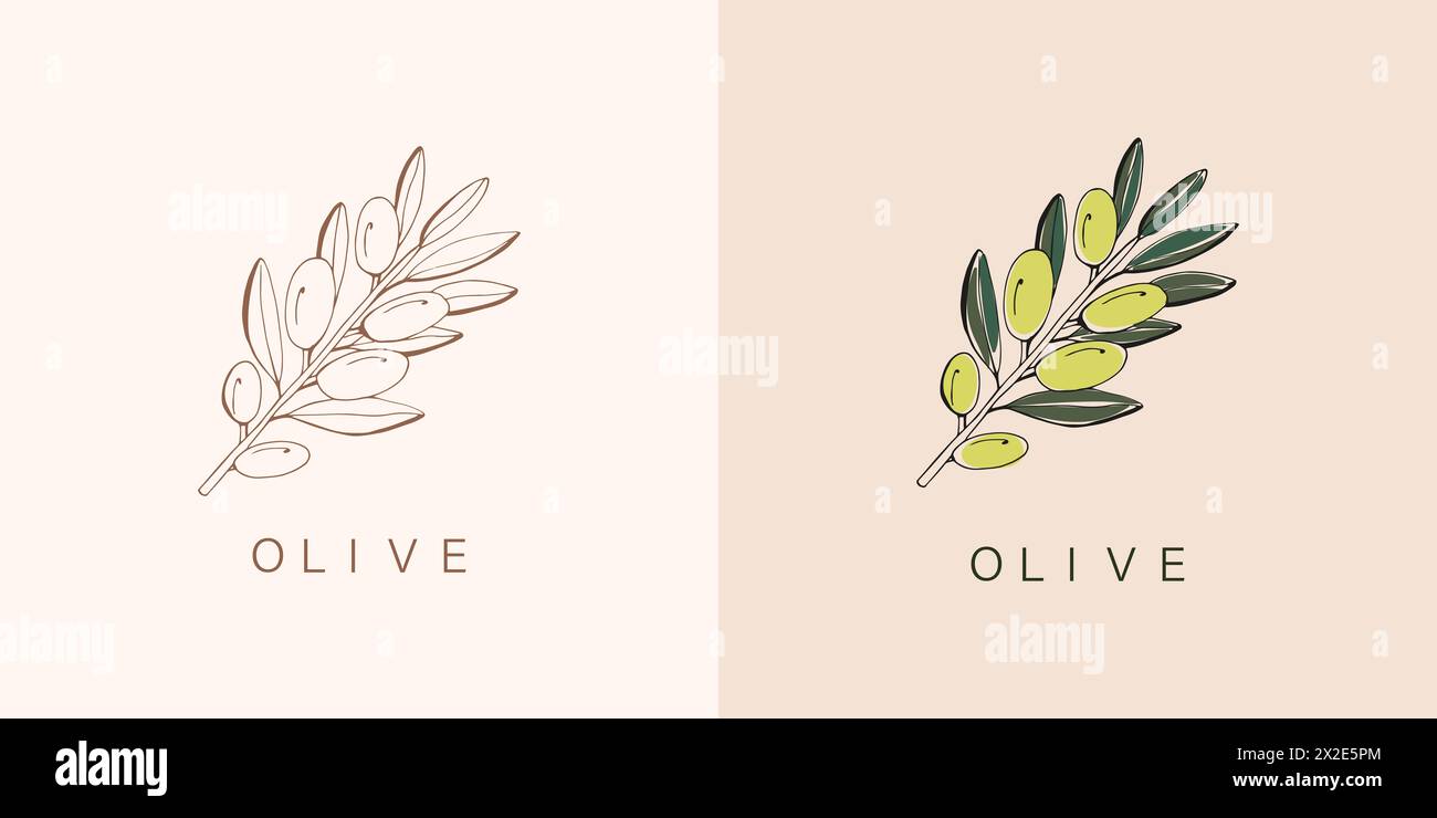 Monogram and Logo with Olive Branch in Modern Minimal Liner Style ...
