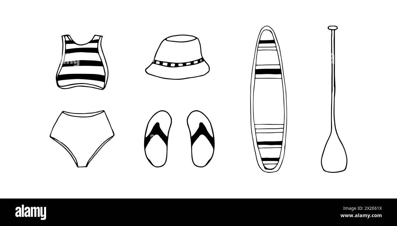 Set of women's beachwear with paddle board. Hand drawn sketches, in the ...