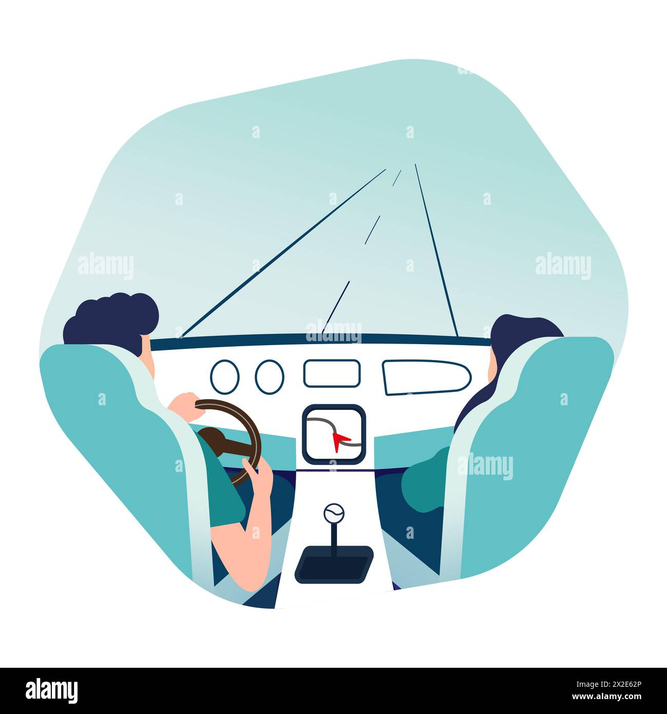 Pair of people sitting on front seats of car moving along highway ...