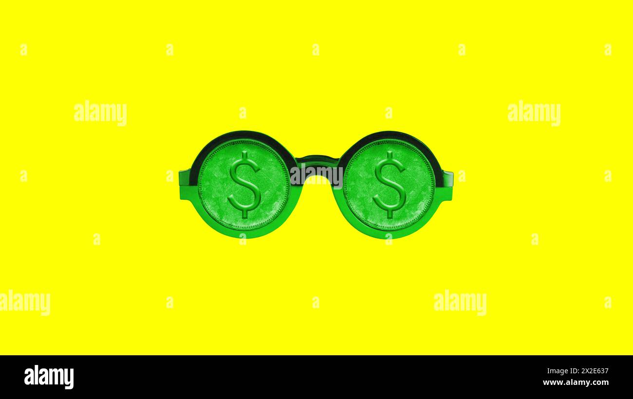 Pair of eyeglasses with dollar sign on yellow bright background ...