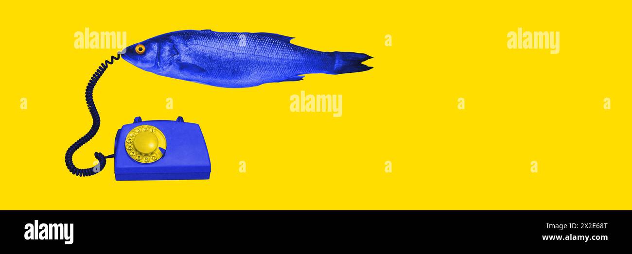 Blue fish with retro telephone on bright yellow background. Contemporary art collage ...