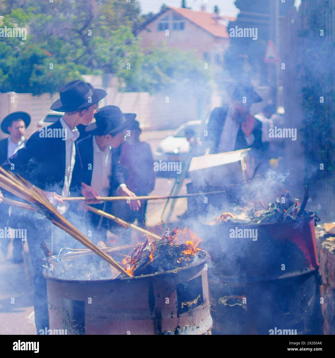 Haifa, Israel - April 22, 2024: Jewish men perform a Biur Chametz ...