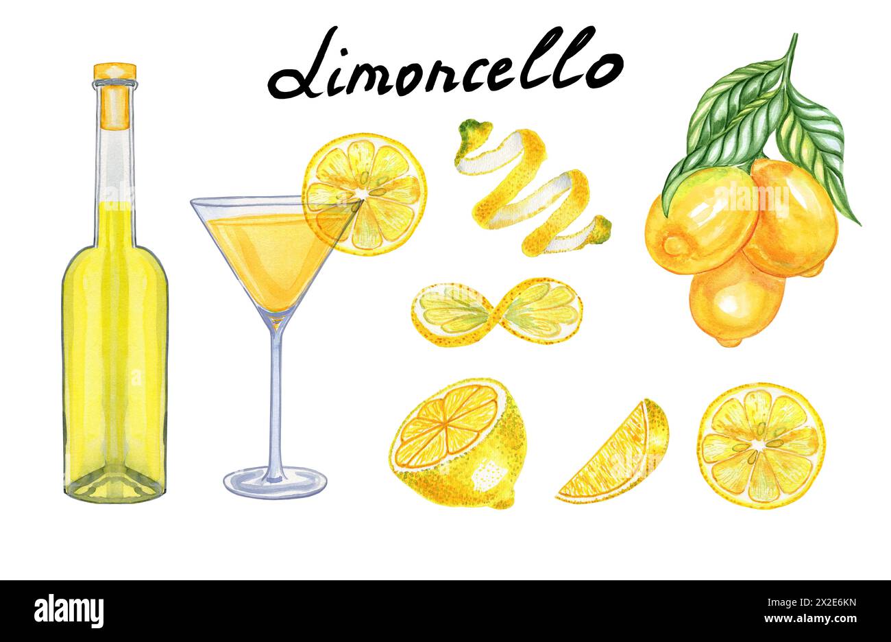 Set of watercolor painted limoncello in glasses and bottle. Hand drawn ...
