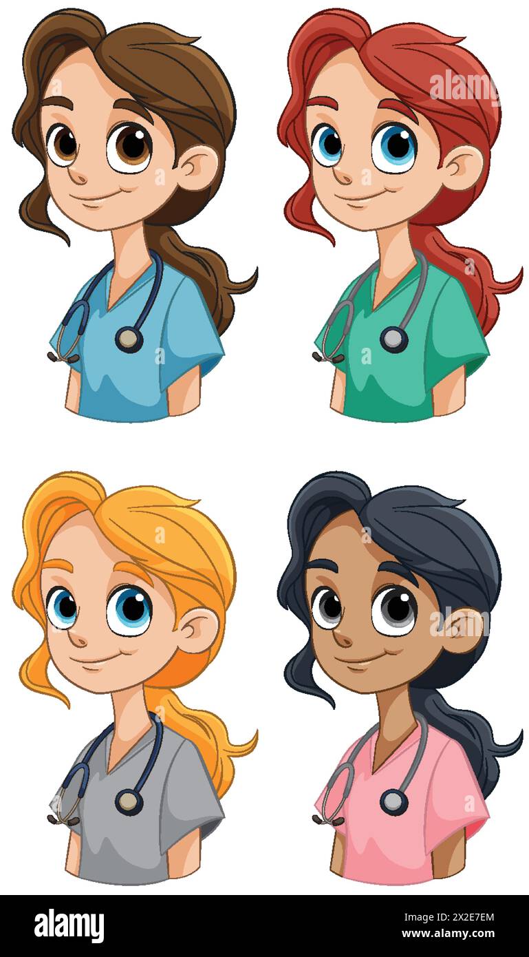 Four cartoon female doctors with different ethnicities Stock Vector ...