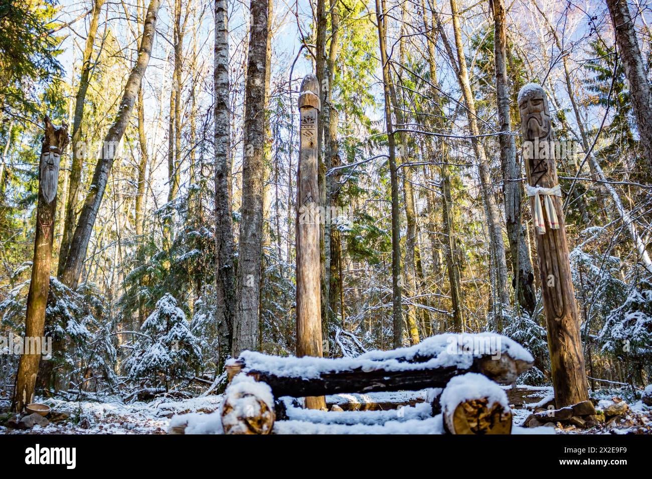 Slavic pagan idols on the forest temple. Veles, Makosh and Perun Stock ...