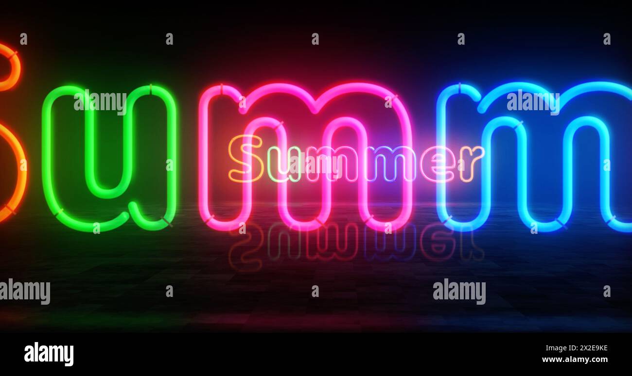 Summer neon symbol. Holiday and vacation light color bulbs. Abstract ...