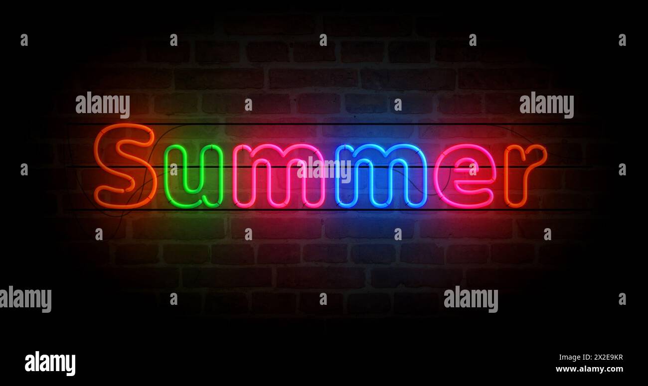 Summer neon symbol. Holiday and vacation light color bulbs. Abstract ...