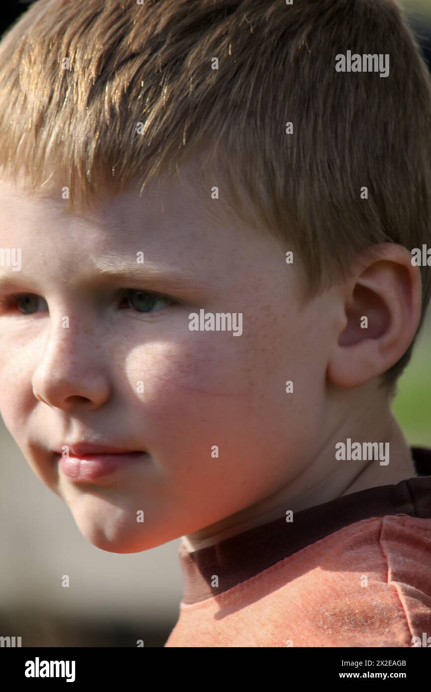 Contemplative boy with freckles in nature's light Stock Photo - Alamy